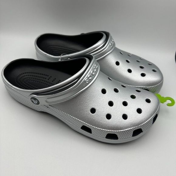 CROCS | Shoes | Crocs Classic Metallic Clog Silver Black 25830p1 Size Mens 12 | Poshmark